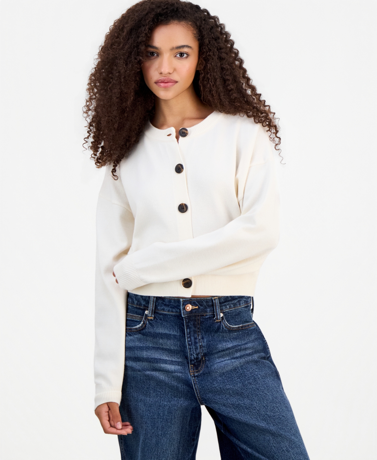 Click here for Pink Rose Juniors Crewneck Cropped Cardigan - Whit... prices