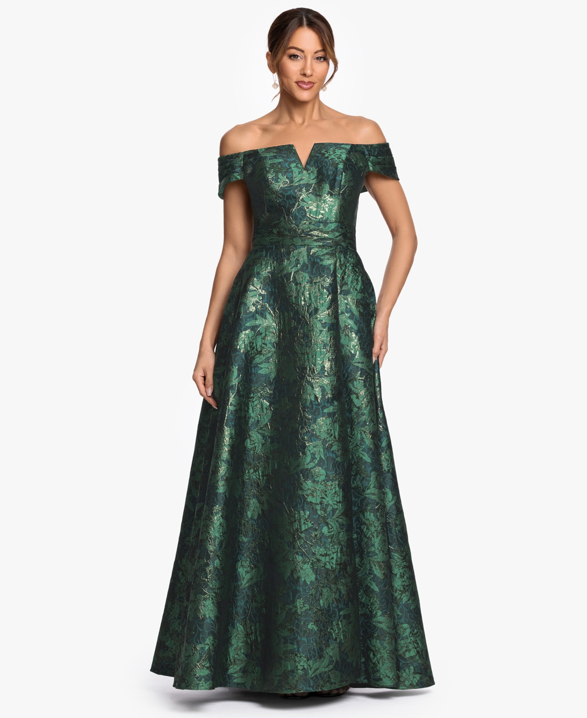 Click here for Xscape Womens Off-The-Shoulder Brocade Print Ball... prices