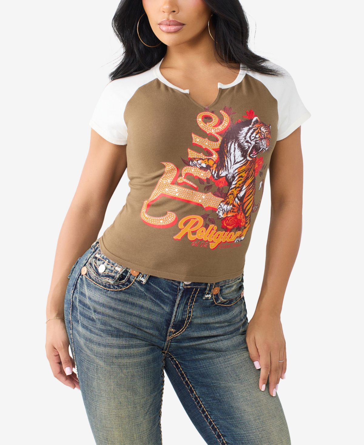 Click here for True Religion Womens Contrast Raglan Notch Baby T-... prices
