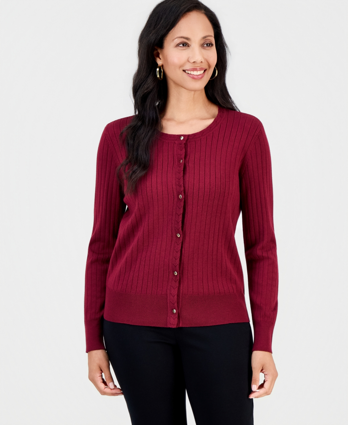 Click here for Jm Collection Womens Ribbed Button-Down Cardigan S... prices