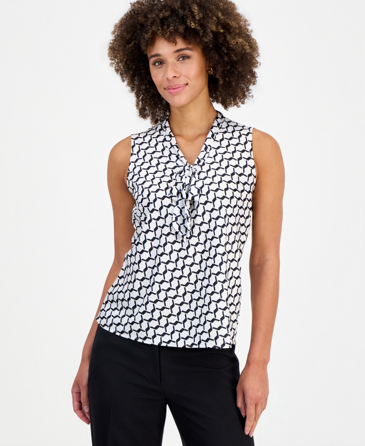 Click here for Kasper Womens Geo-Print Tie-Neck Sleeveless Blouse... prices