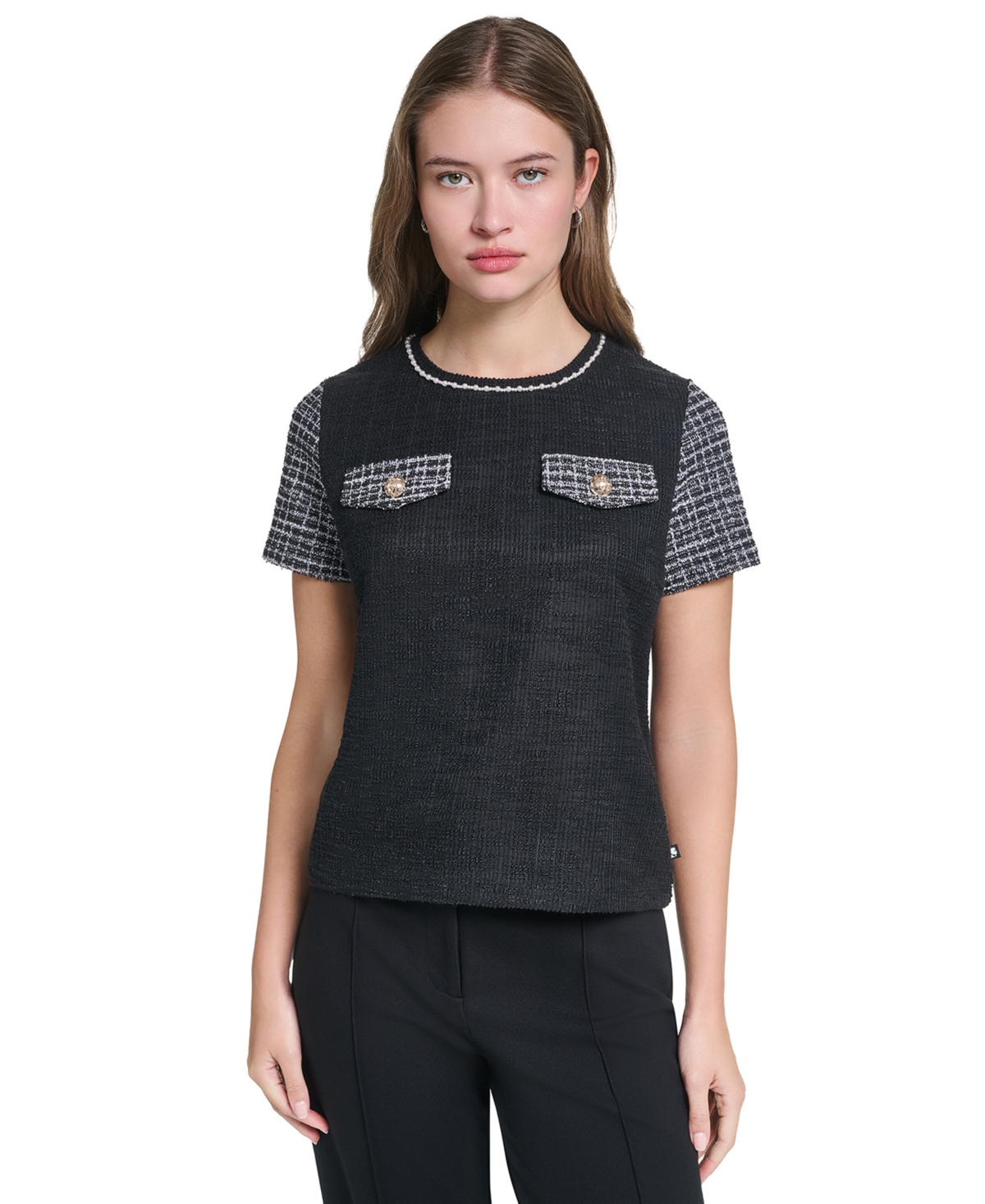 Click here for Karl Lagerfeld Paris Petite Short-Sleeve Trim Crew... prices