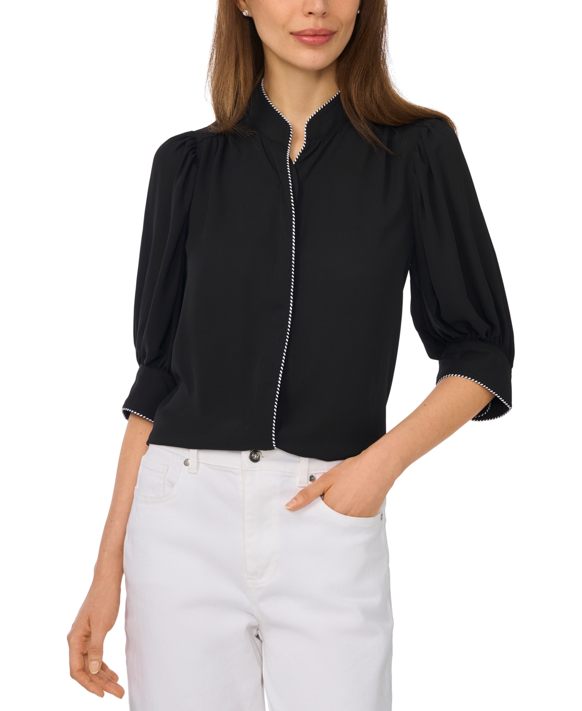 Click here for CeCe Womens Pearce Puff-Sleeve Open Collar Top - R... prices