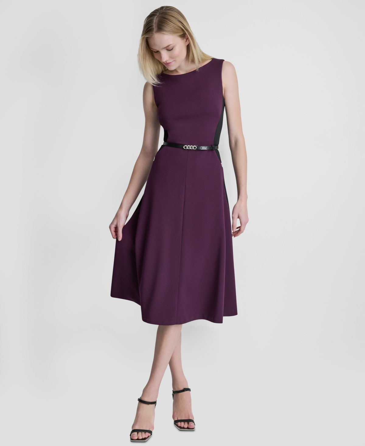 Click here for Dkny Womens Sleeveless Boat Neck Belted Midi Dress... prices