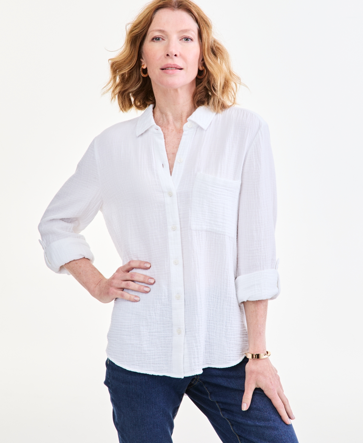 Click here for Style & Co Womens Cotton Gauze Roll-Tab Shirt  Mac... prices