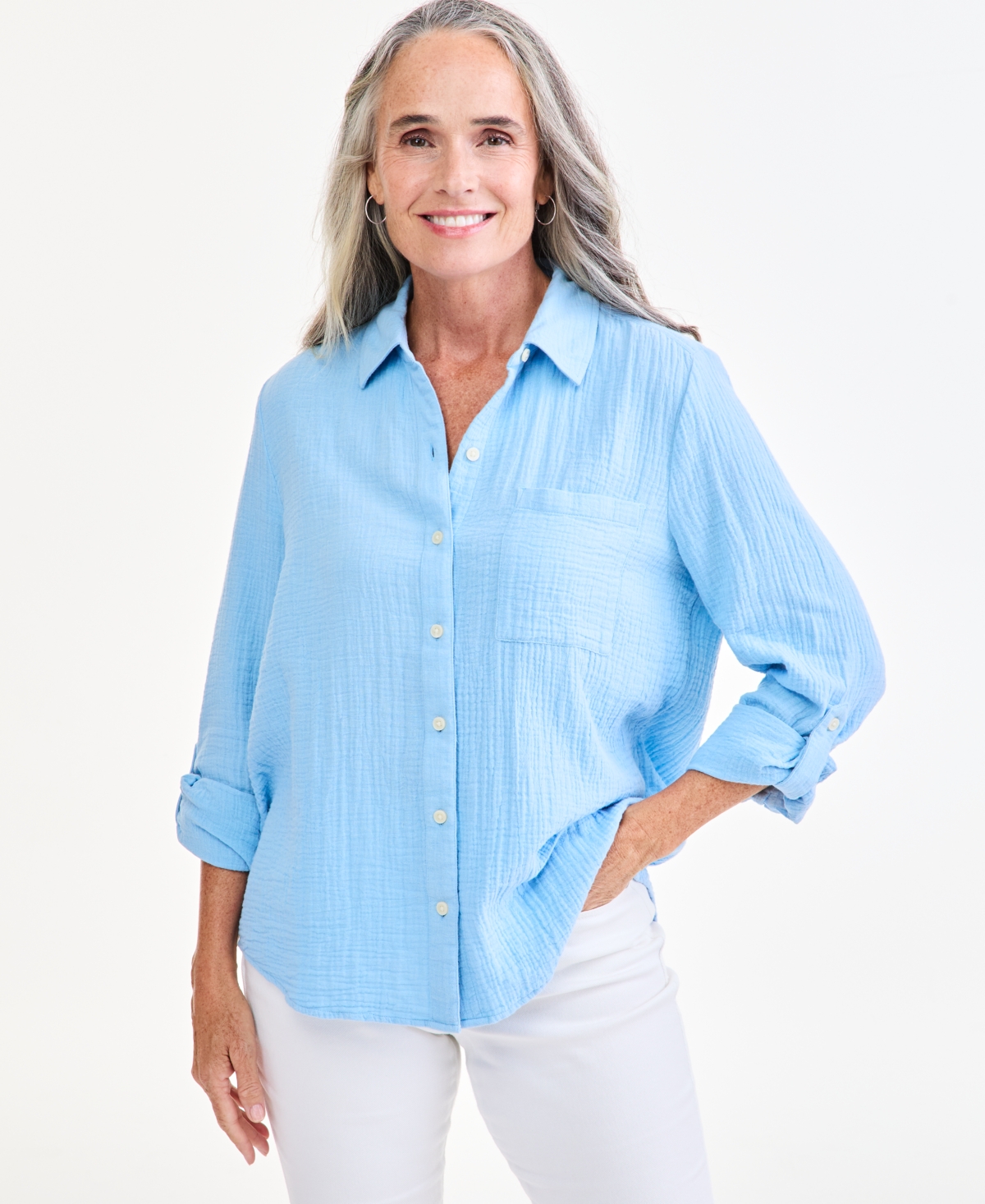 Click here for Style & Co Womens Cotton Gauze Roll-Tab Shirt  Mac... prices