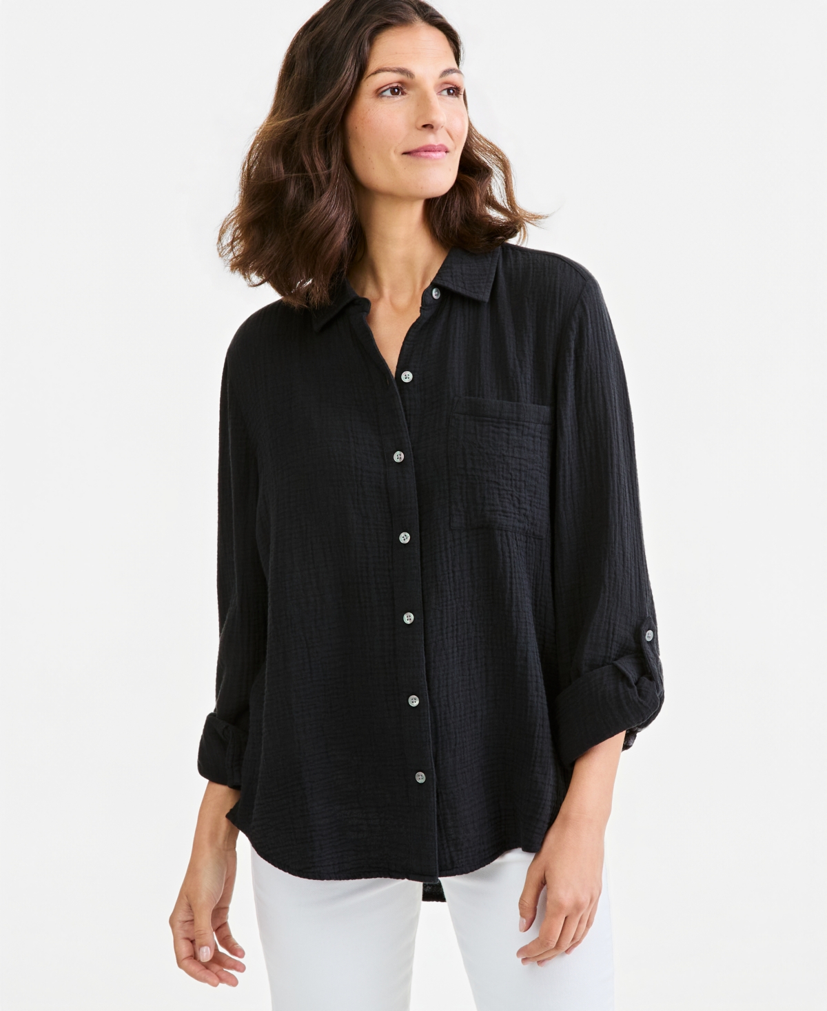 Click here for Style & Co Womens Cotton Gauze Roll-Tab Shirt  Mac... prices