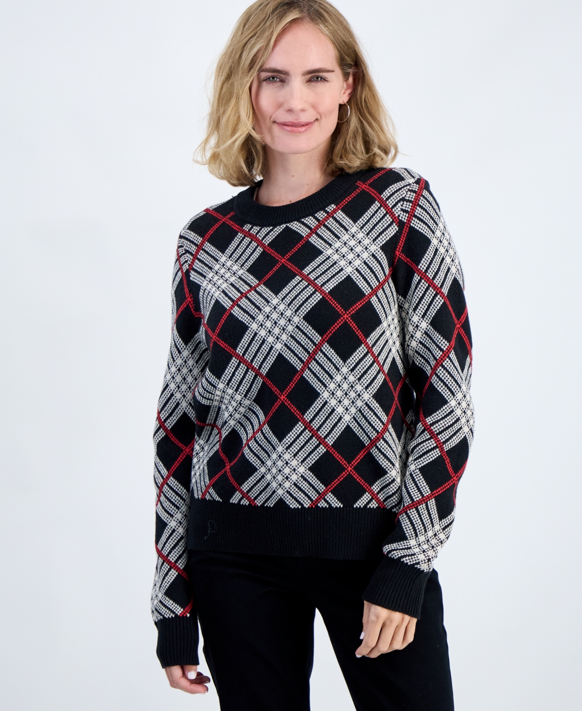 Click here for Style & Co Petite Whimsy Merry Plaid Pullover Crew... prices