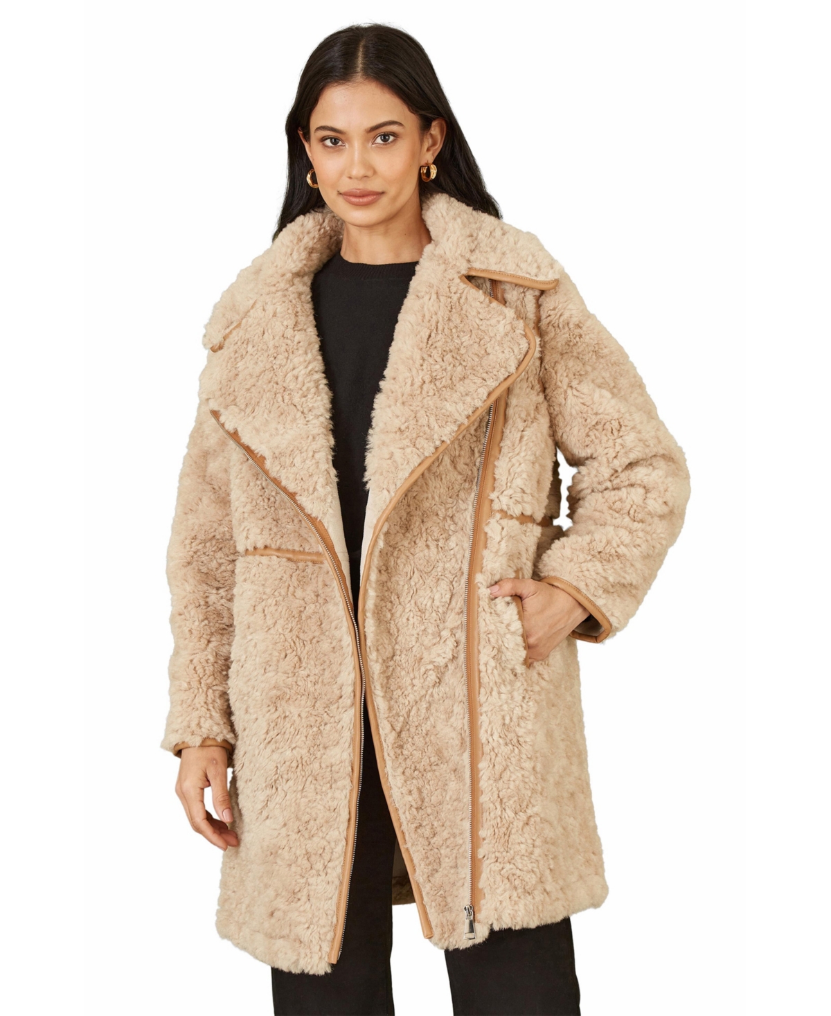 Click here for Yumi Womens Textured Borg Long Line Biker Coat - B... prices