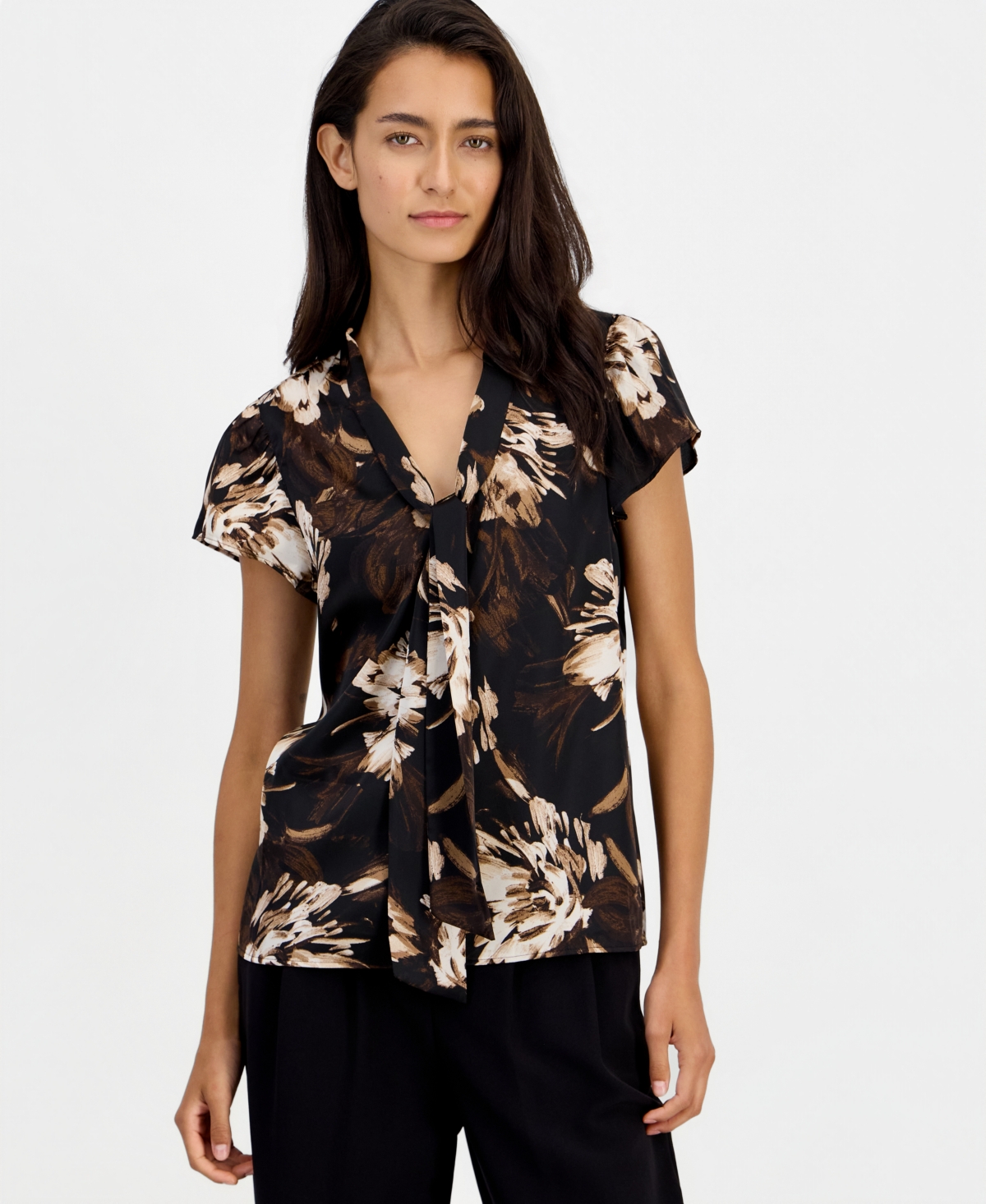 Click here for Bar Iii Womens Tie-Neck Short-Flutter-Sleeve Blous... prices