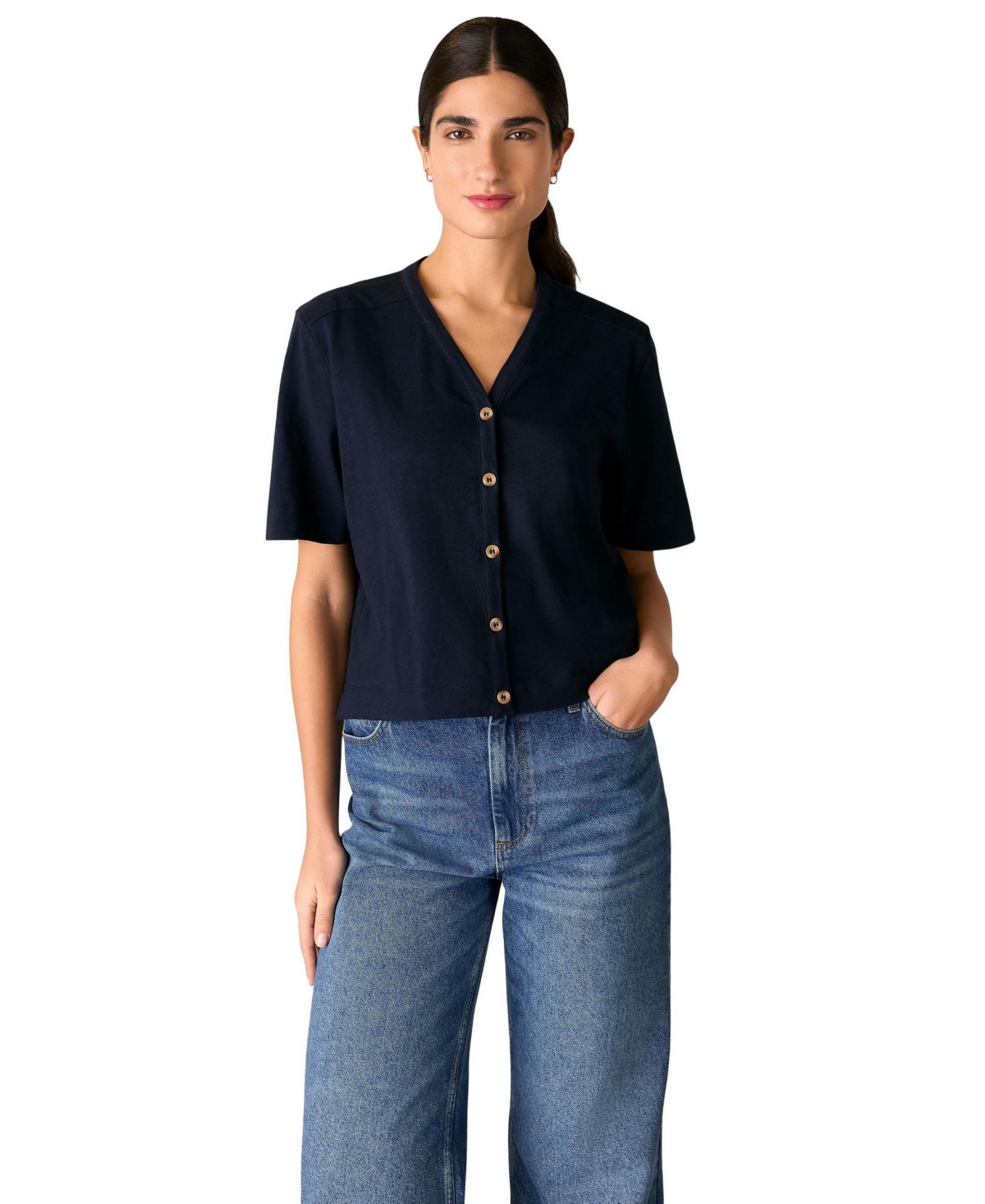 Click here for Whistles Womens Ella V-Neck Button Through Top - N... prices