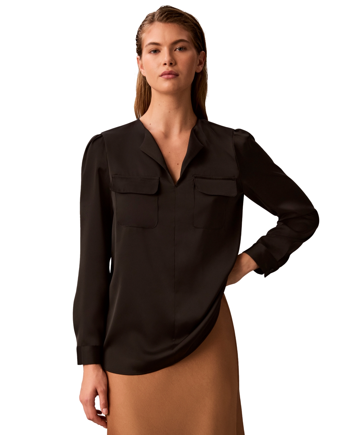 Click here for Calvin Klein Petite V-Neck Long-Sleeve Blouse - Bl... prices