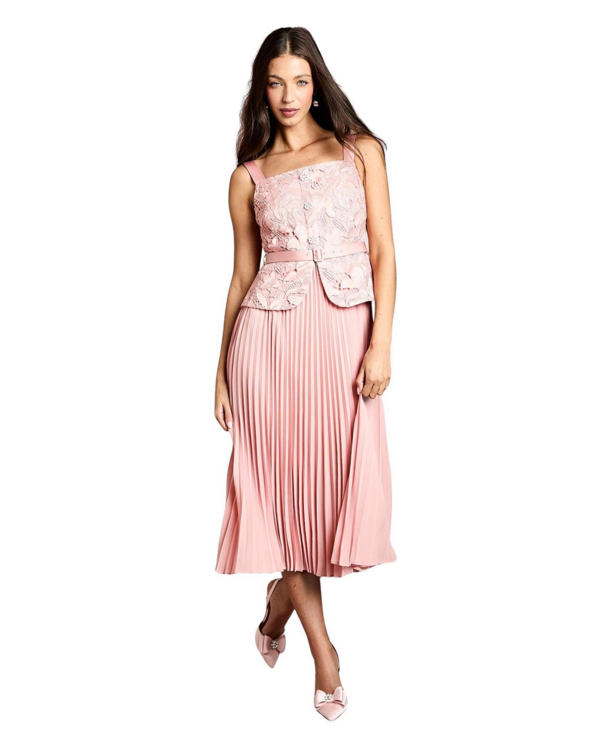 Click here for Coast Womens Lace Peplum Belted Midi Dress - Pink prices