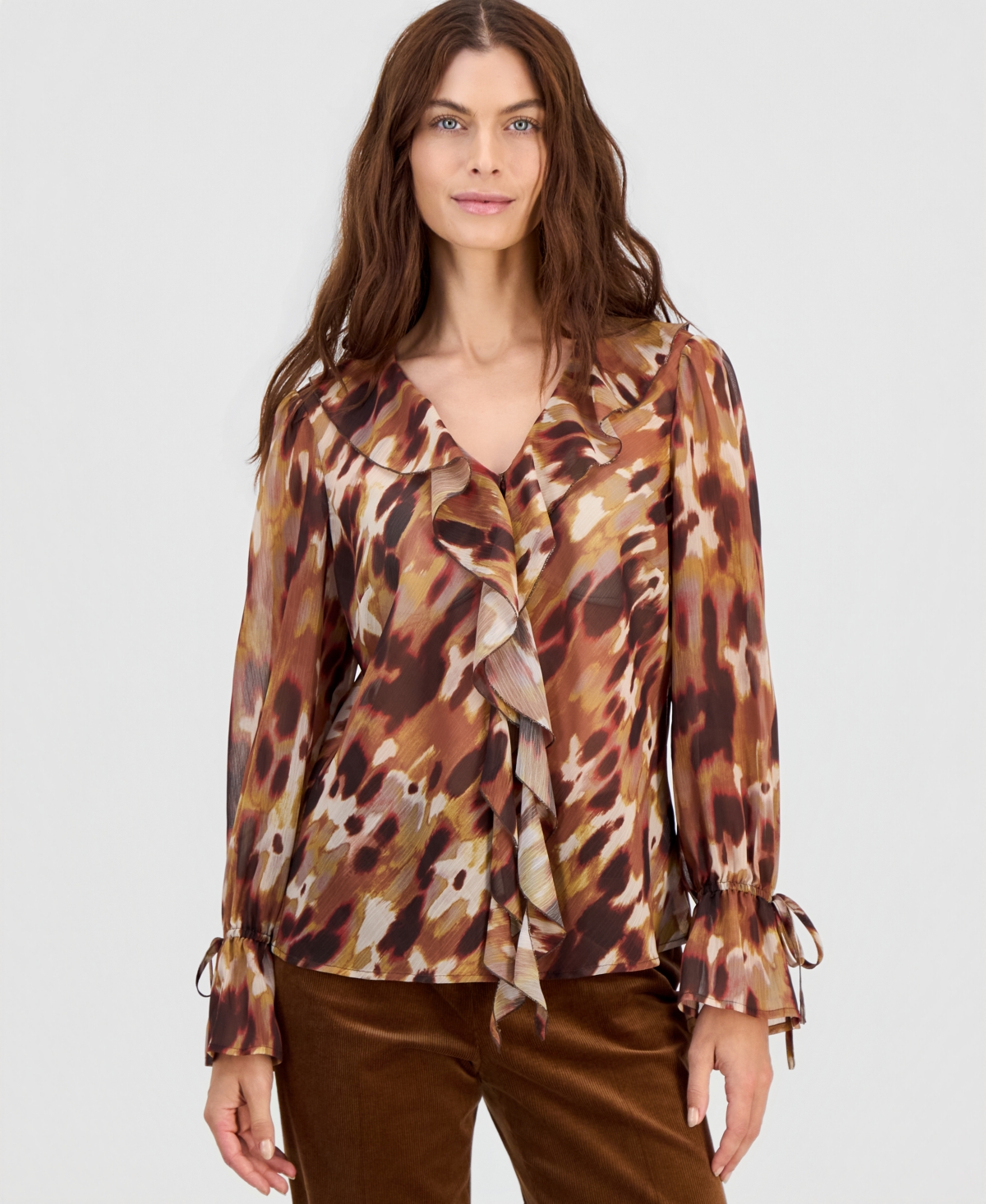 Click here for Tahari Asl Womens Ruffled Tie-Cuff Top - Luggage A... prices