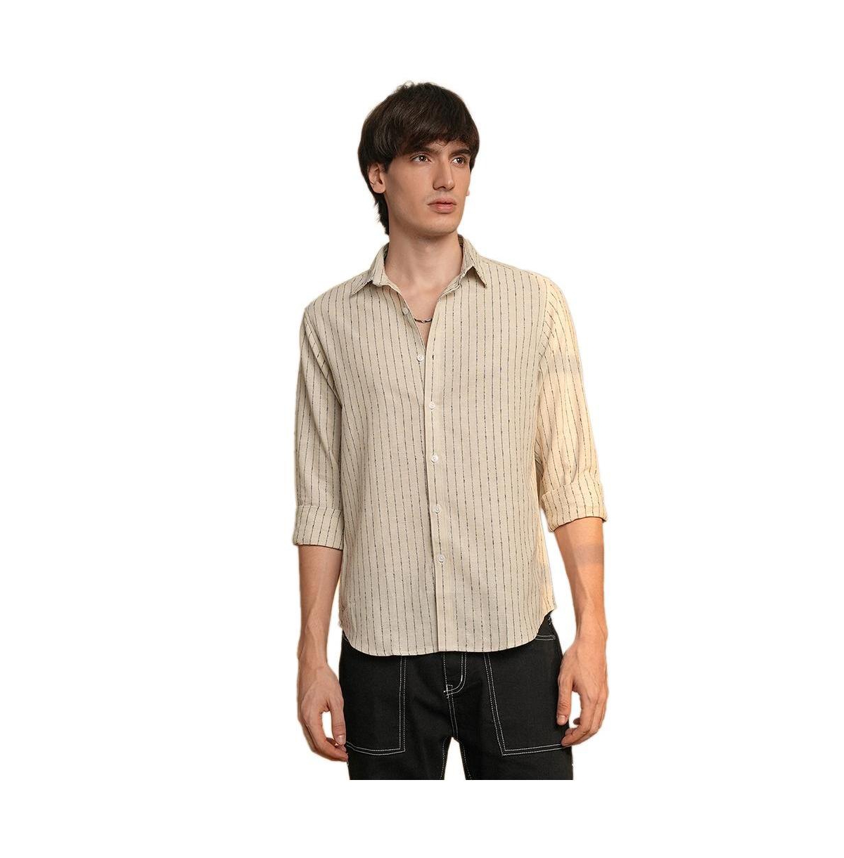Click here for Campus Sutra Mens Chalk-Striped Shirt - Beige:blac... prices