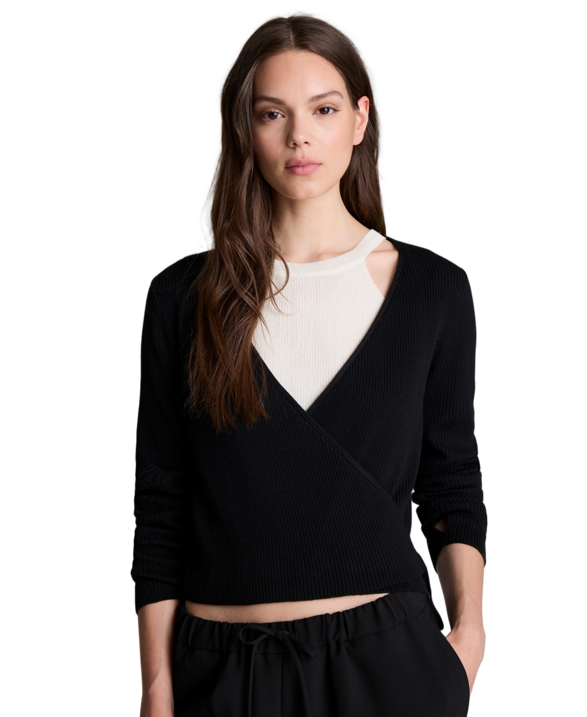 Click here for Kenneth Cole Womens Ribbed Twofer Wrap Sweater - B... prices