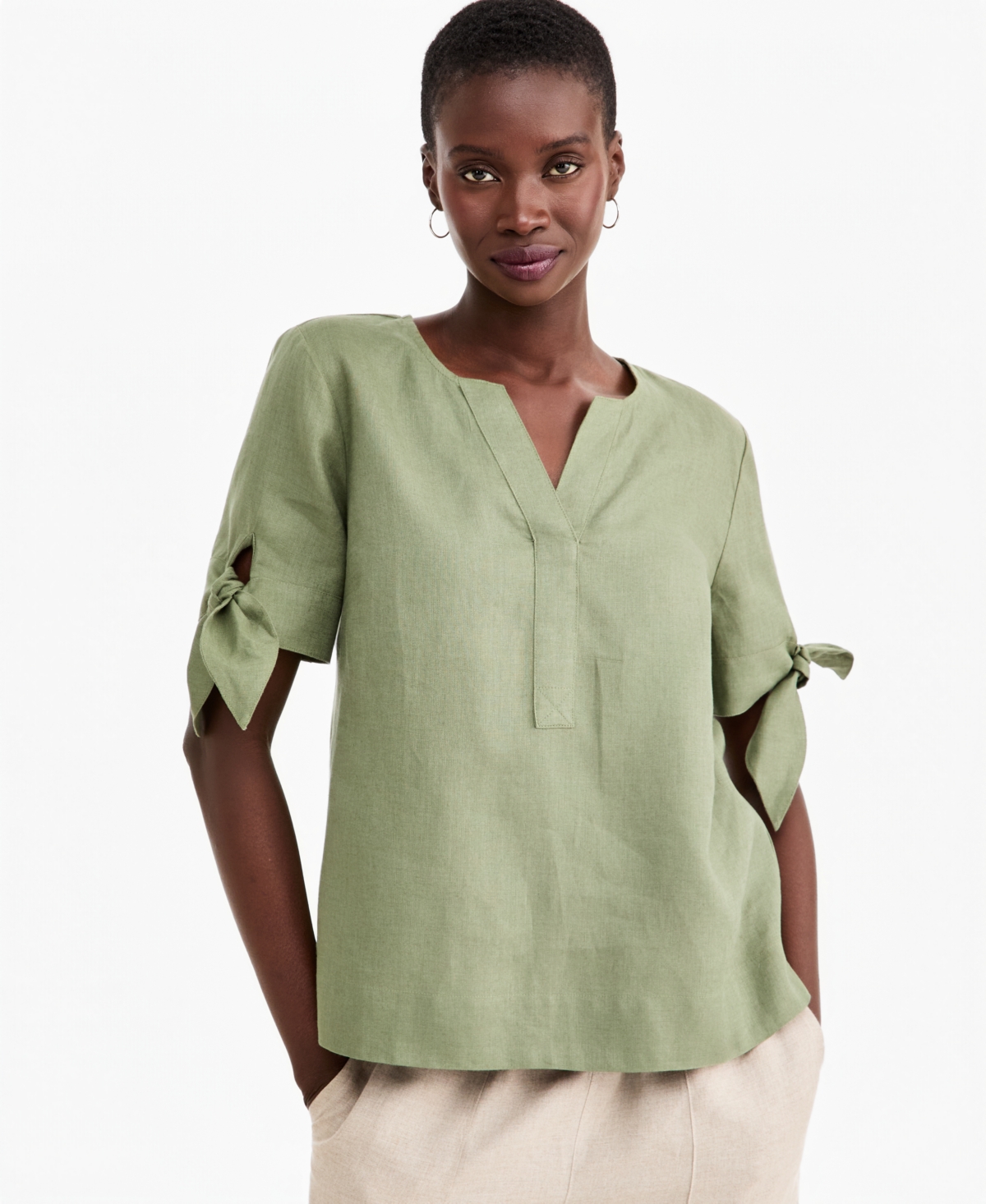 Click here for Charter Club Womens 100 Linen Split-Neck Tie-Cuff... prices