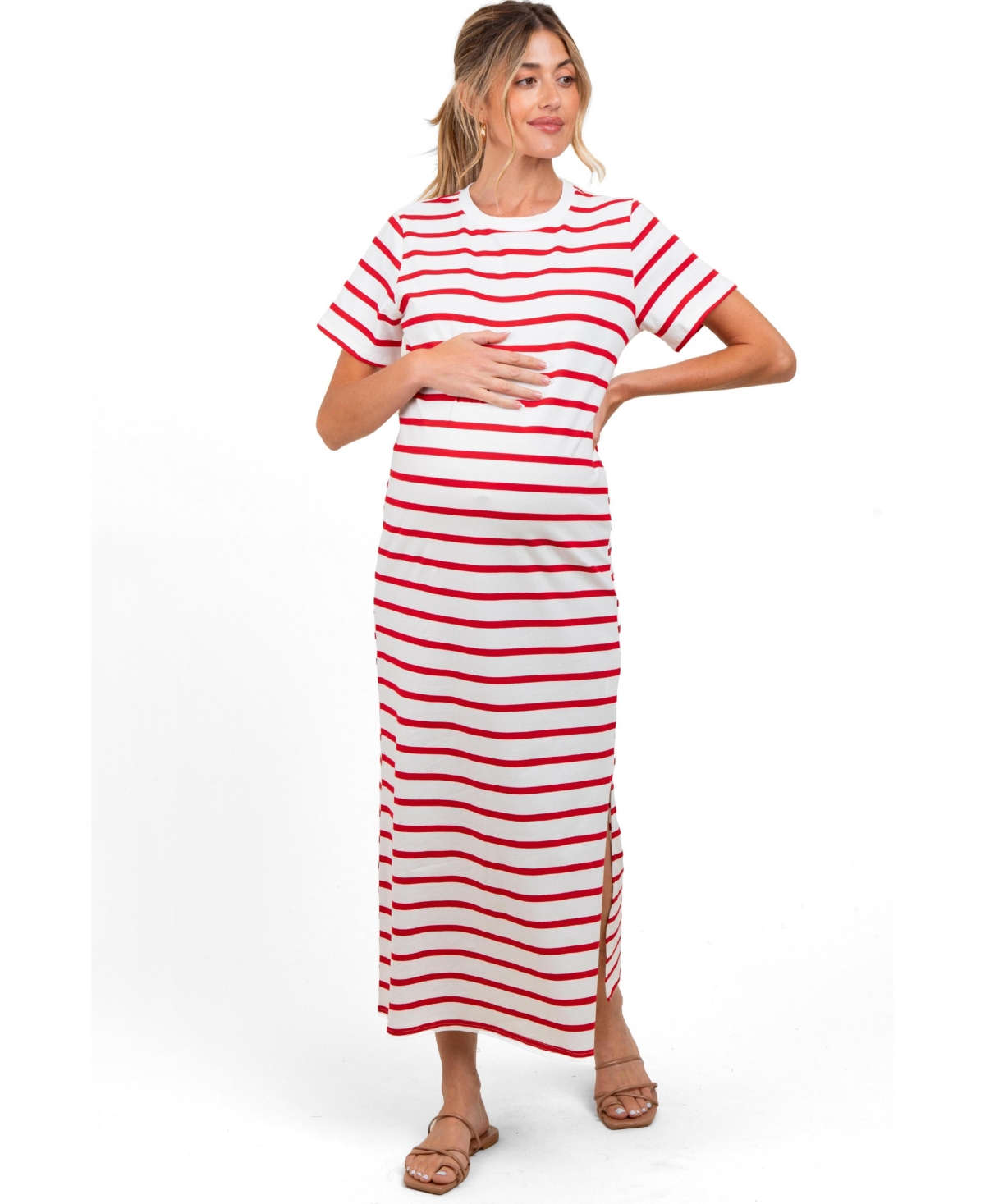 Click here for Pinkblush Maternity White Striped Side Slit Maxi D... prices
