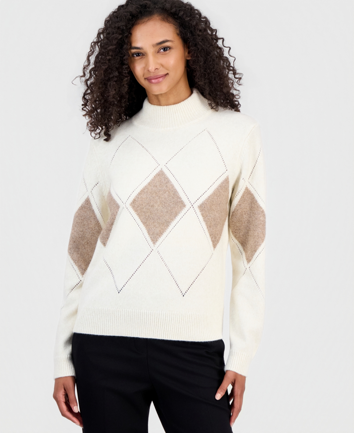 Click here for T Tahari Womens Mock Neck Pointelle Argyle Pullove... prices