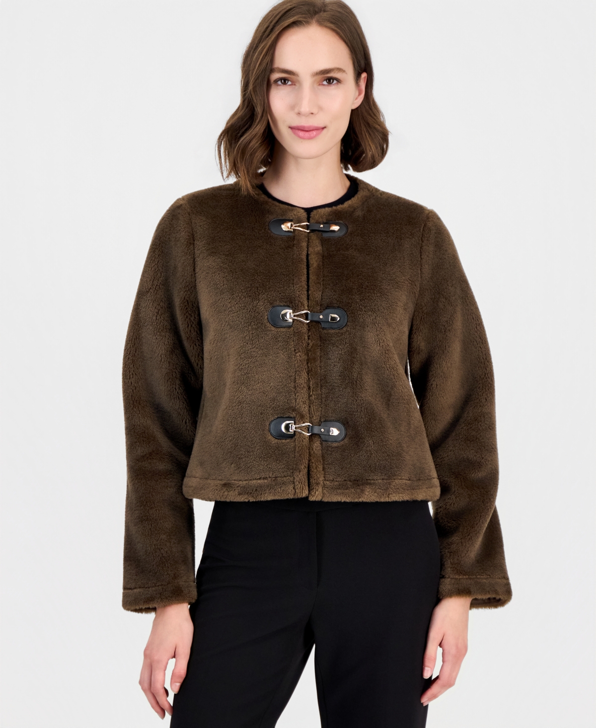 Click here for T Tahari Womens Cropped Buckled Faux Fur Coat - De... prices
