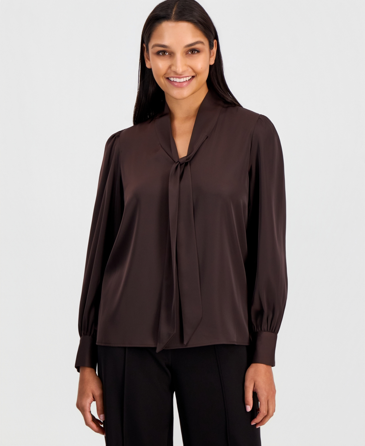 Click here for T Tahari Womens Tie-Neck Long-Sleeve Blouse - Rich... prices