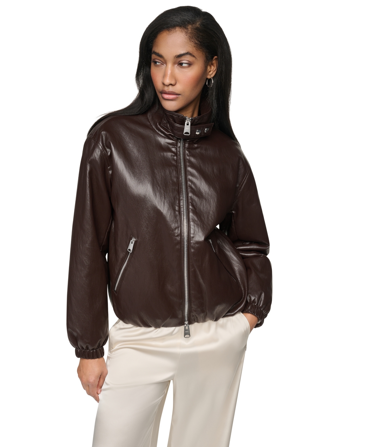 Click here for Dkny Womens Bubble Hem Moto Jacket - Dark Brown prices