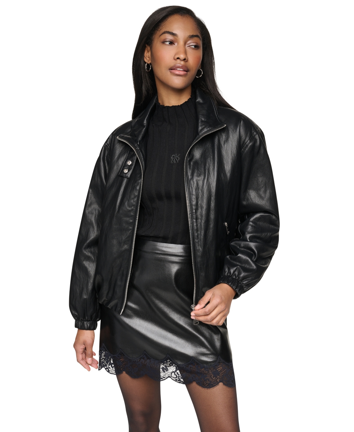 Click here for Dkny Womens Bubble Hem Moto Jacket - Black prices