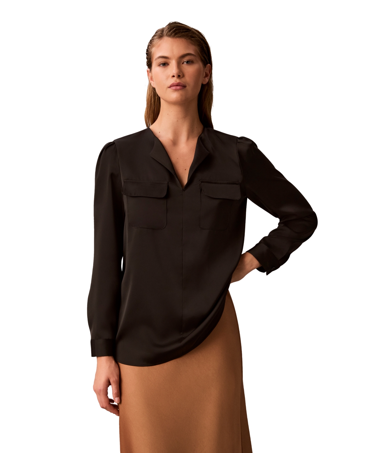 Click here for Calvin Klein Womens V-Neck Long-Sleeve Blouse - Bl... prices