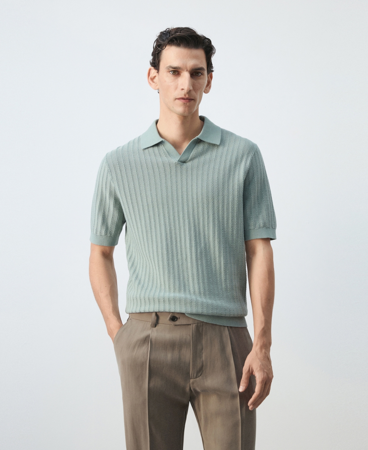 Click here for Mango Mens Structured Cotton Knit Polo Shirt - Eme... prices