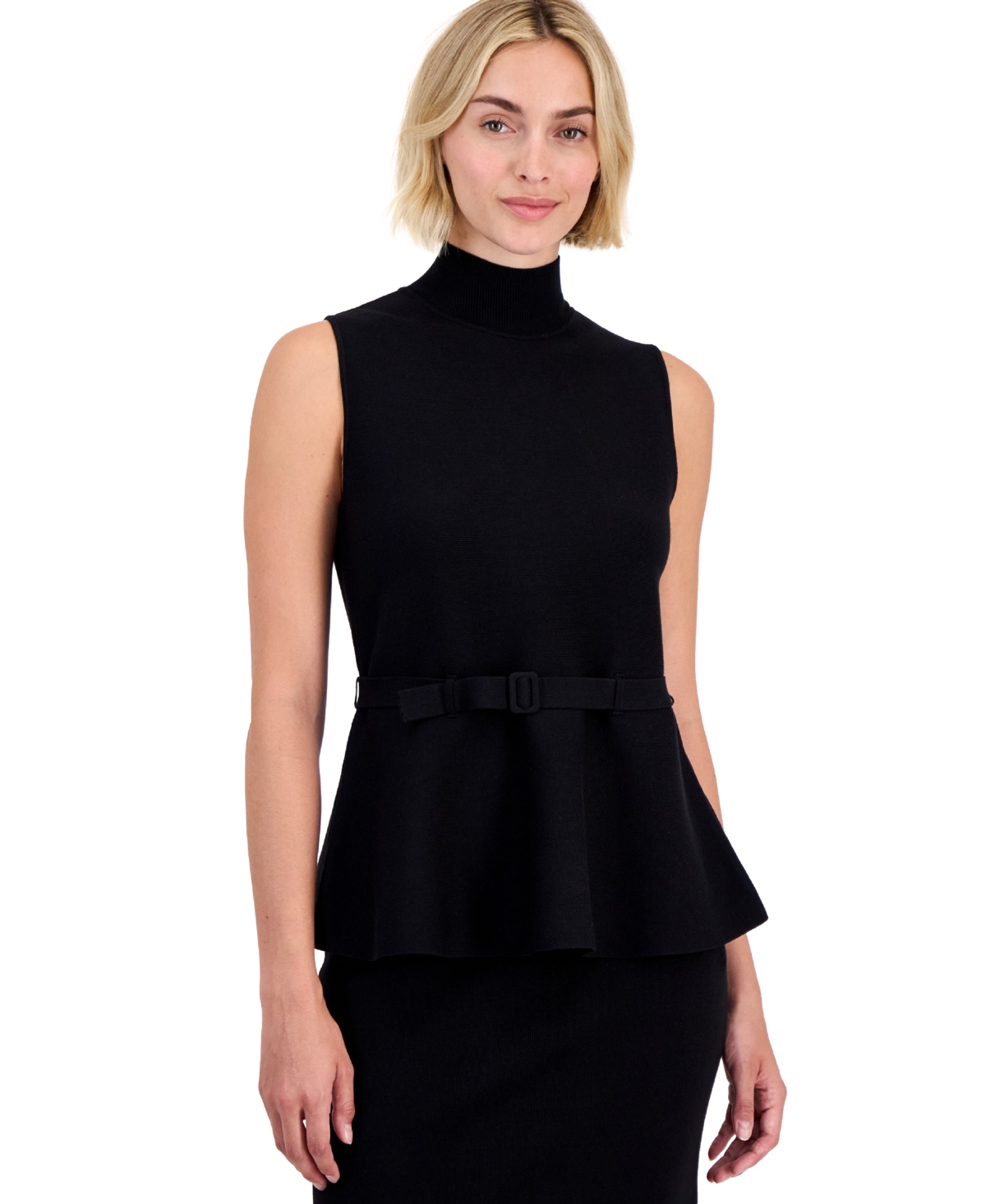 Click here for Anne Klein Petite Sleeveless Mock Neck Belted Pepl... prices