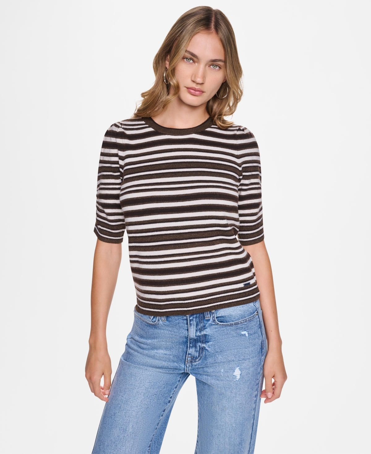 Click here for Dkny Jeans Womens Striped Puff-Sleeve Crewneck Swe... prices