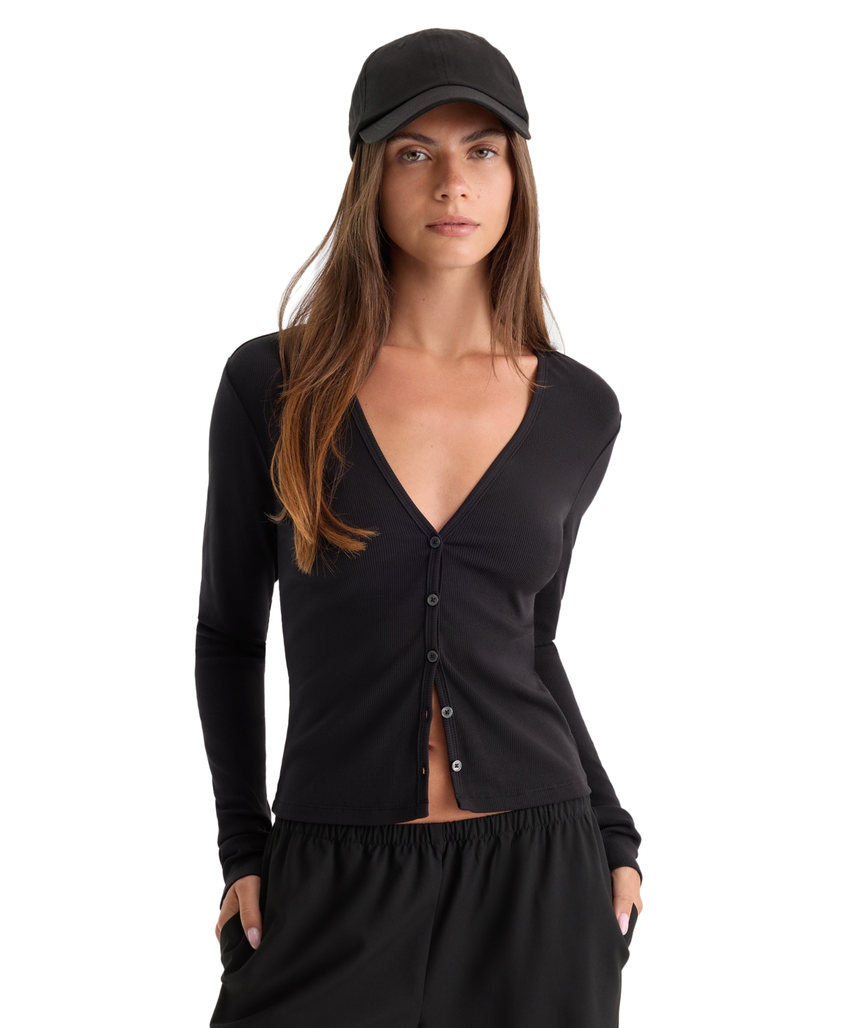 Click here for Good American Womens Rib V-Neck Button-Front Cardi... prices