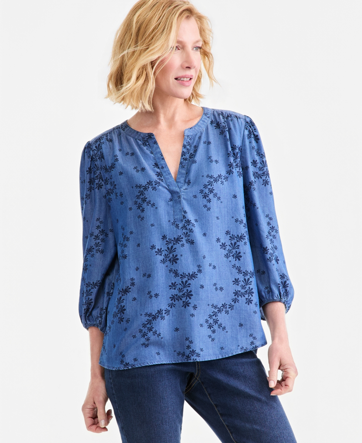 Click here for Style & Co Womens Printed Chambray Split Neck Blou... prices