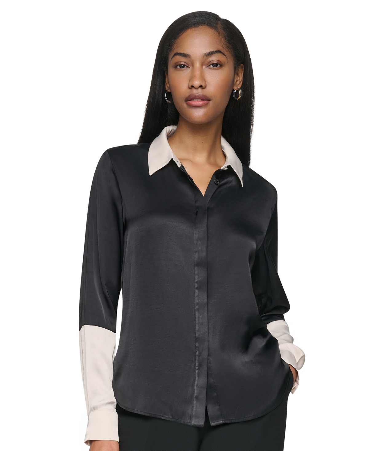 Click here for Dkny Womens Color Blocked Long-Sleeve Blouse - Bla... prices