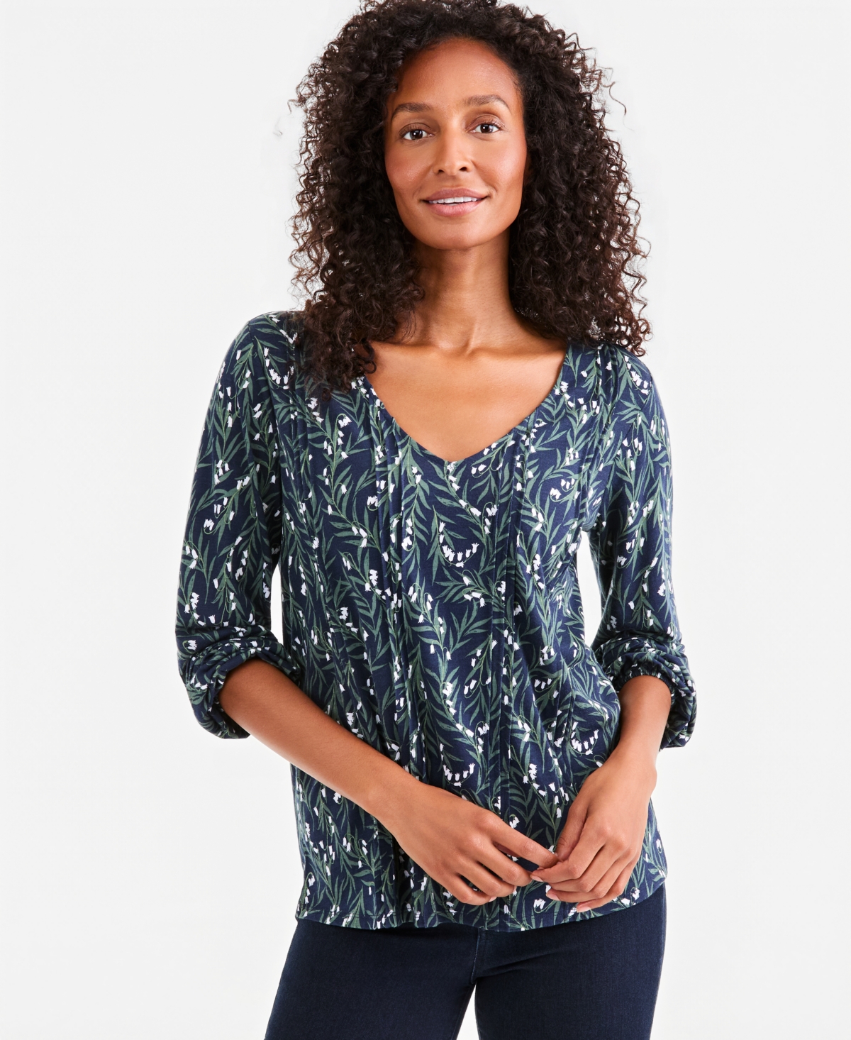 Click here for Style & Co Womens Printed Pintuck V-Neck Knit Top... prices