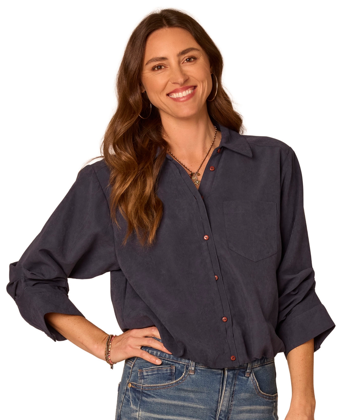 Click here for Democracy Petite Ruched-Sleeve Bubble-Hem Shirt -... prices