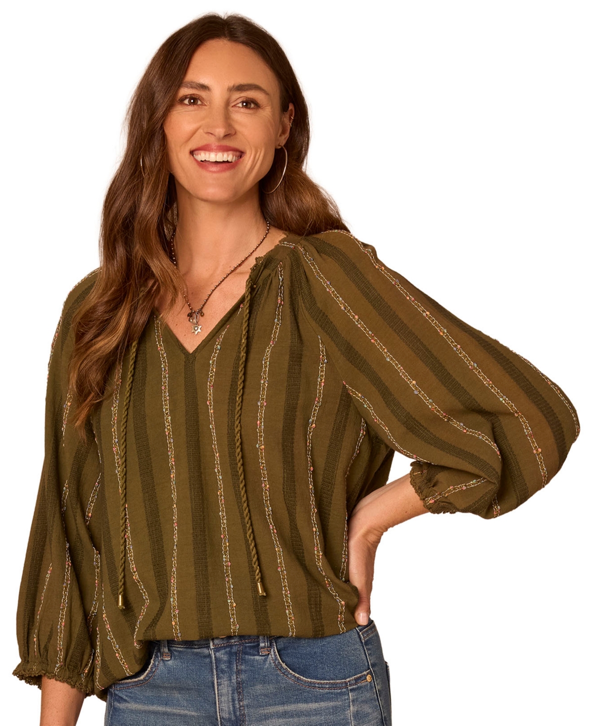 Click here for Democracy Petite Blouson-Sleeve Split Neck Woven T... prices