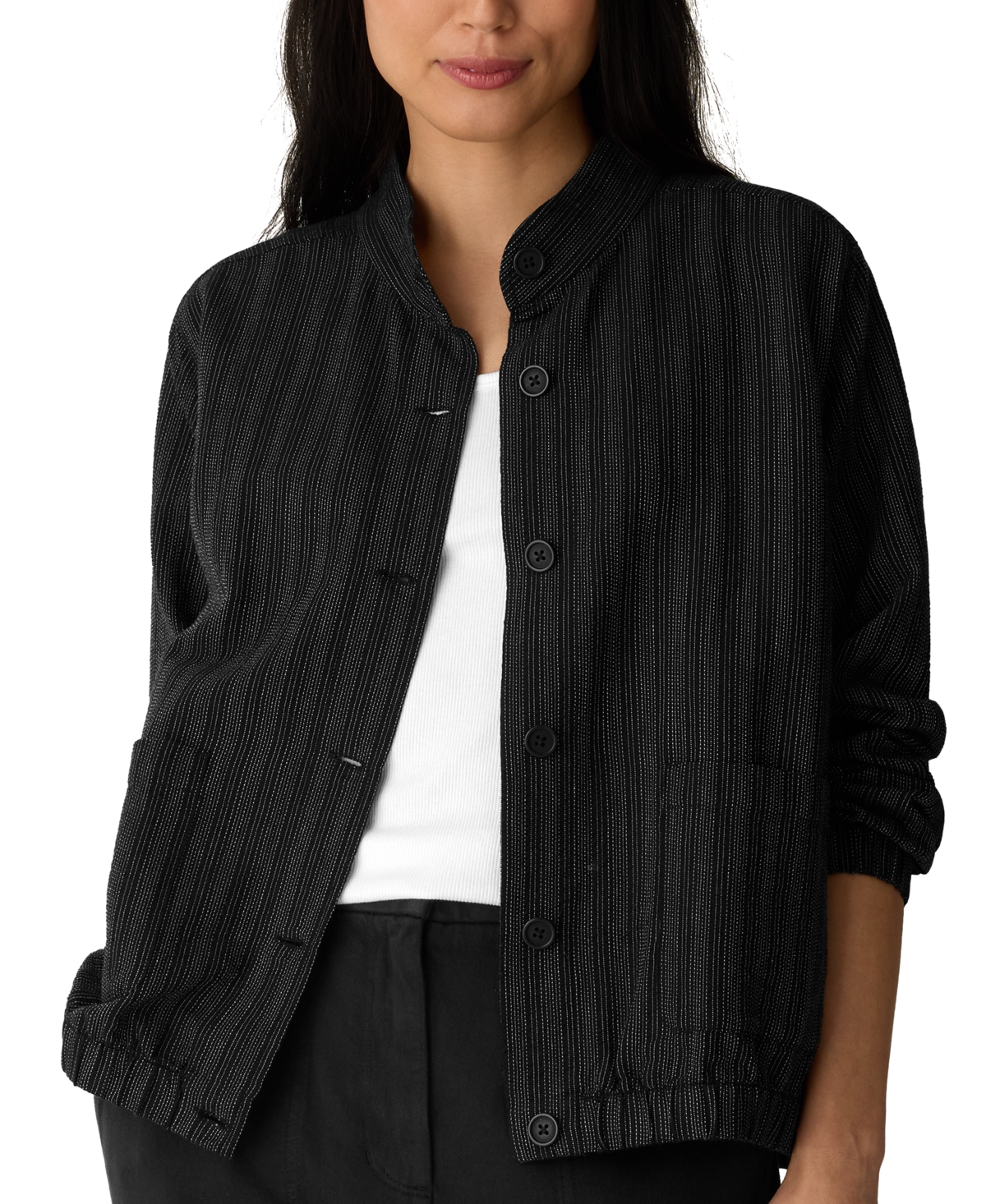 Click here for Eileen Fisher Womens Band Collar Long-Sleeve Jacke... prices