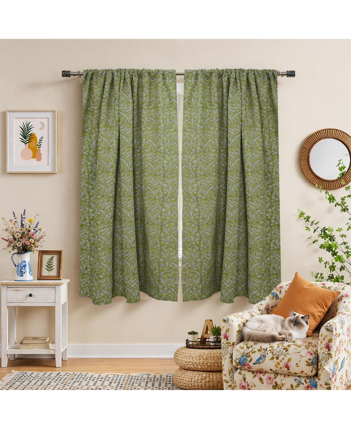 Click here for Fabdivine Floral Block Print Rod Pocket Linen Curt... prices