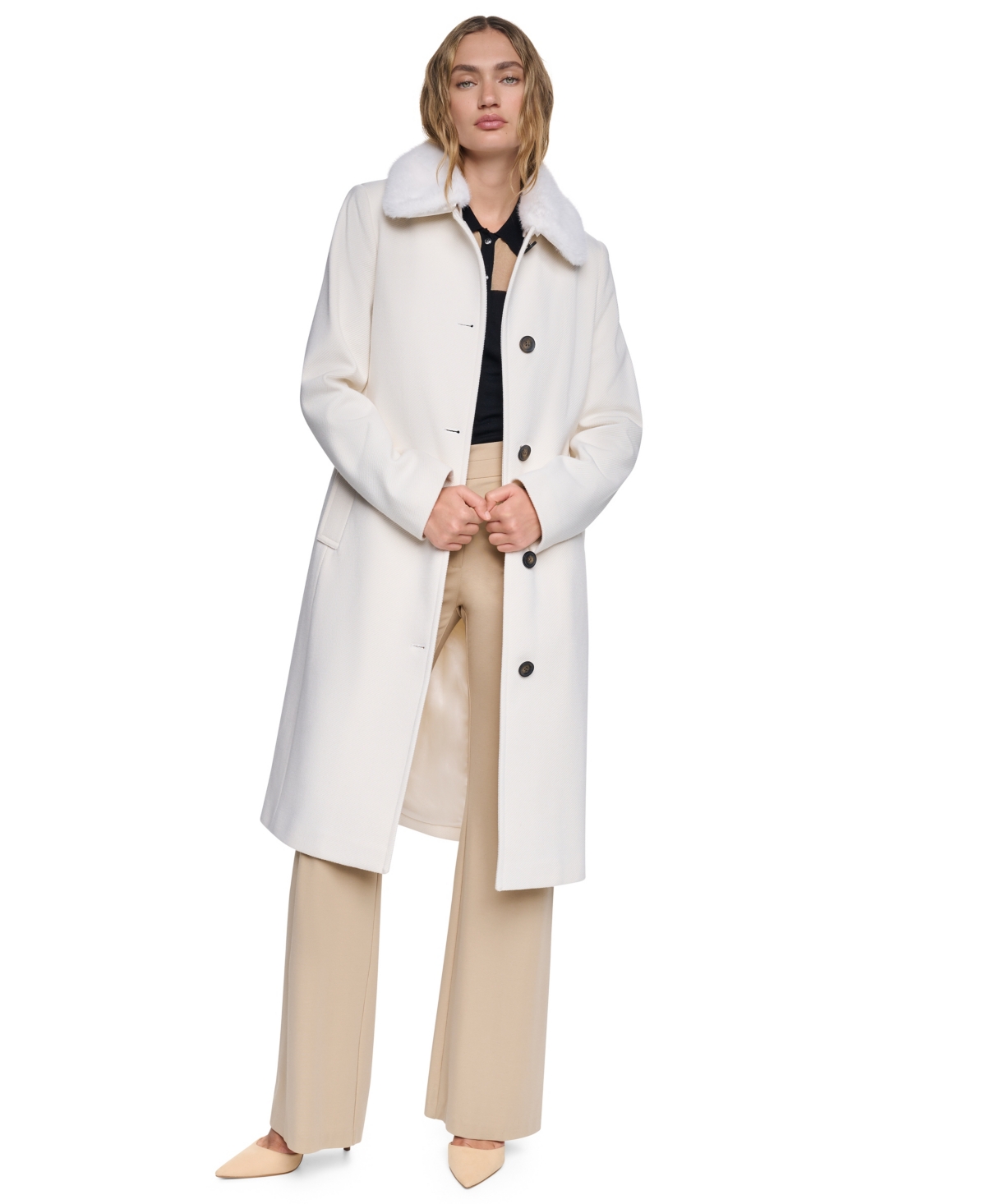 Click here for Dkny Womens Faux-Fur Collar Belted Coat - Pearl prices