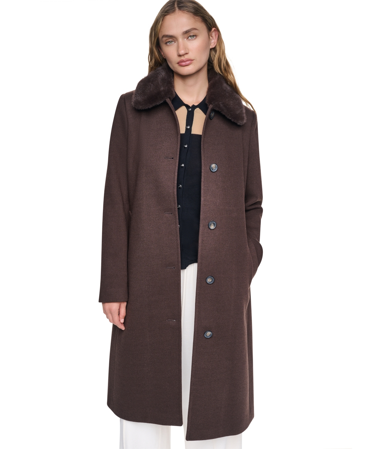 Click here for Dkny Womens Faux-Fur Collar Belted Coat - Bitter prices