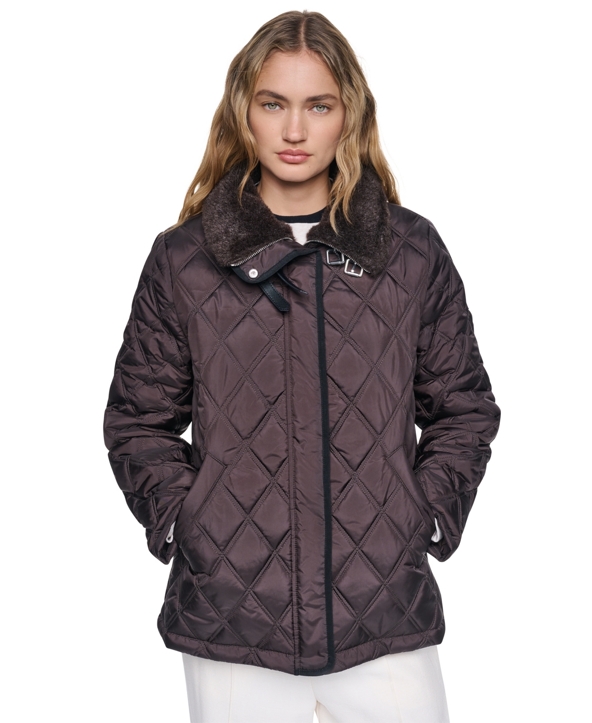 Click here for Dkny Womens Sherpa Collar Diamond-Quilted Coat - B... prices