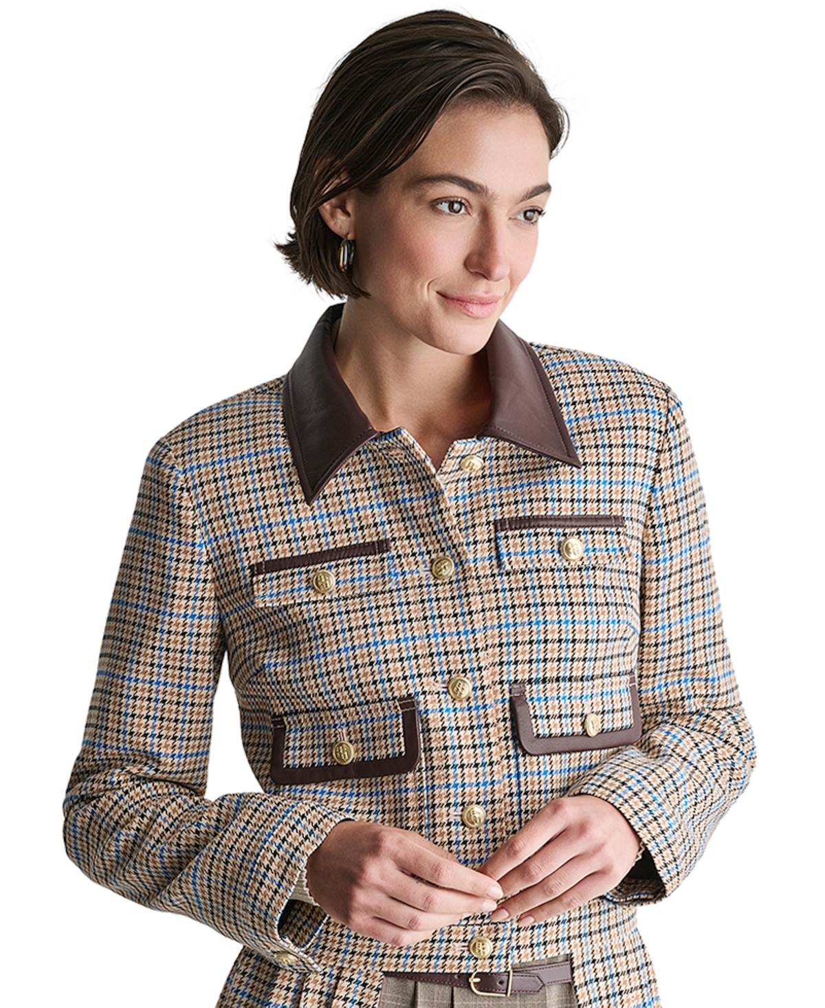 Click here for Bcbg Womens Collared Plaid Trucker Jacket - Camel/... prices