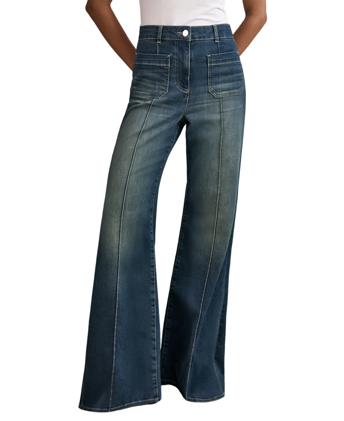 Click here for Reiss Womens Sakura High-Rise Flared Jeans - Mid B... prices