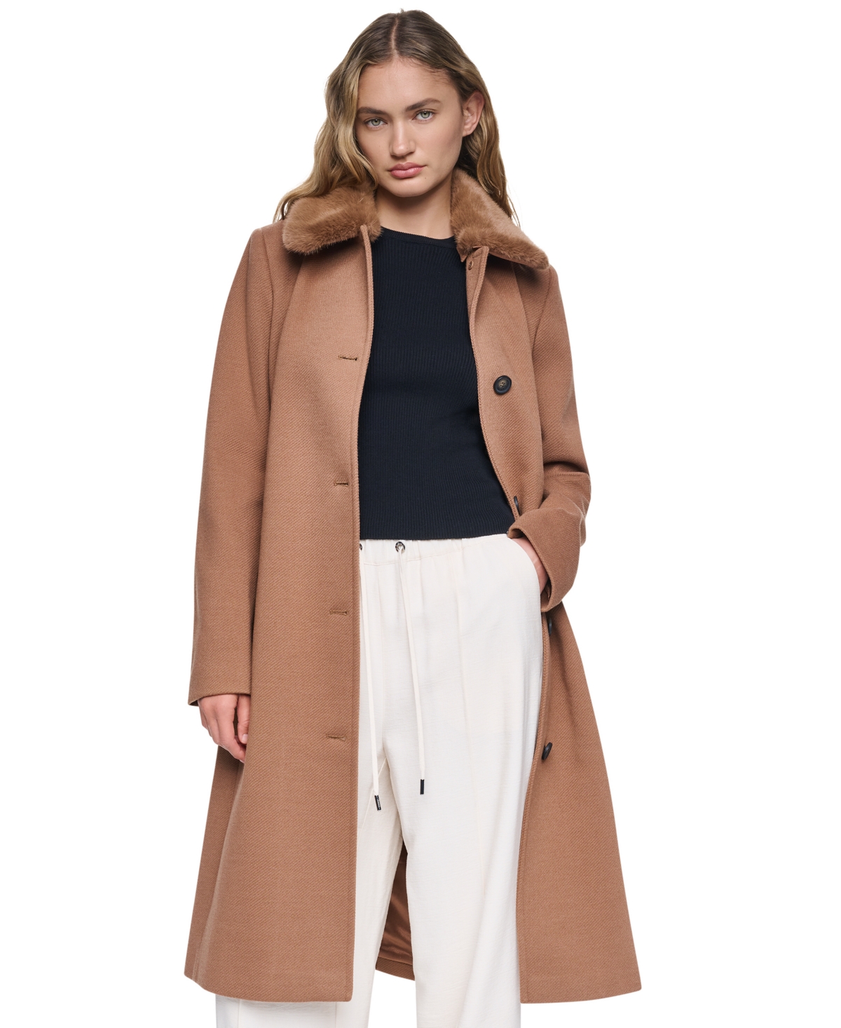 Click here for Dkny Womens Faux-Fur Collar Belted Coat - Birch prices