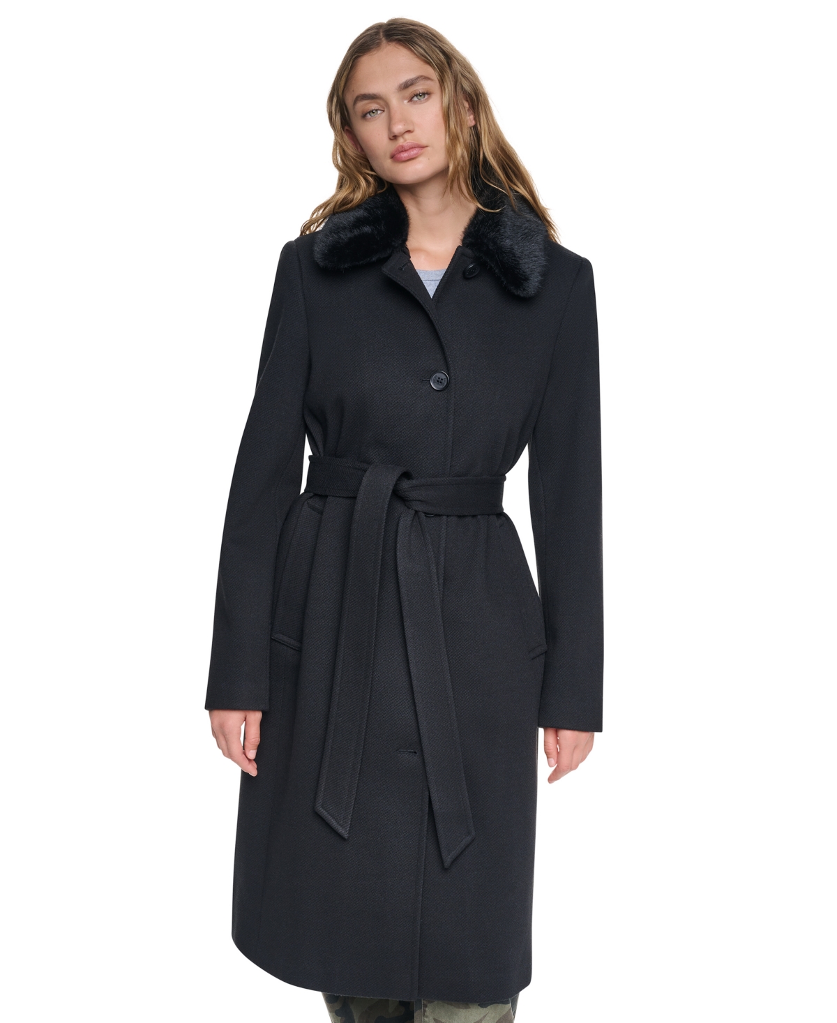 Click here for Dkny Womens Faux-Fur Collar Belted Coat - Black prices