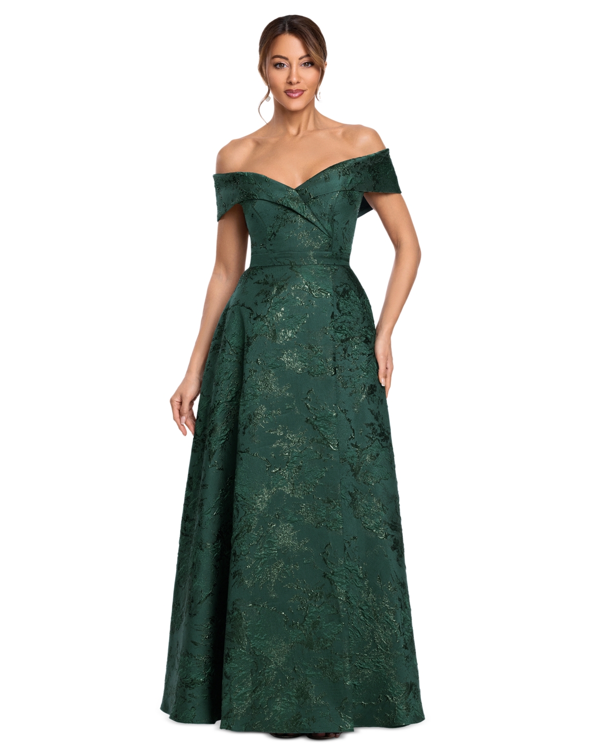 Click here for Xscape Womens Printed Brocade Off-the-Shoulder Gow... prices