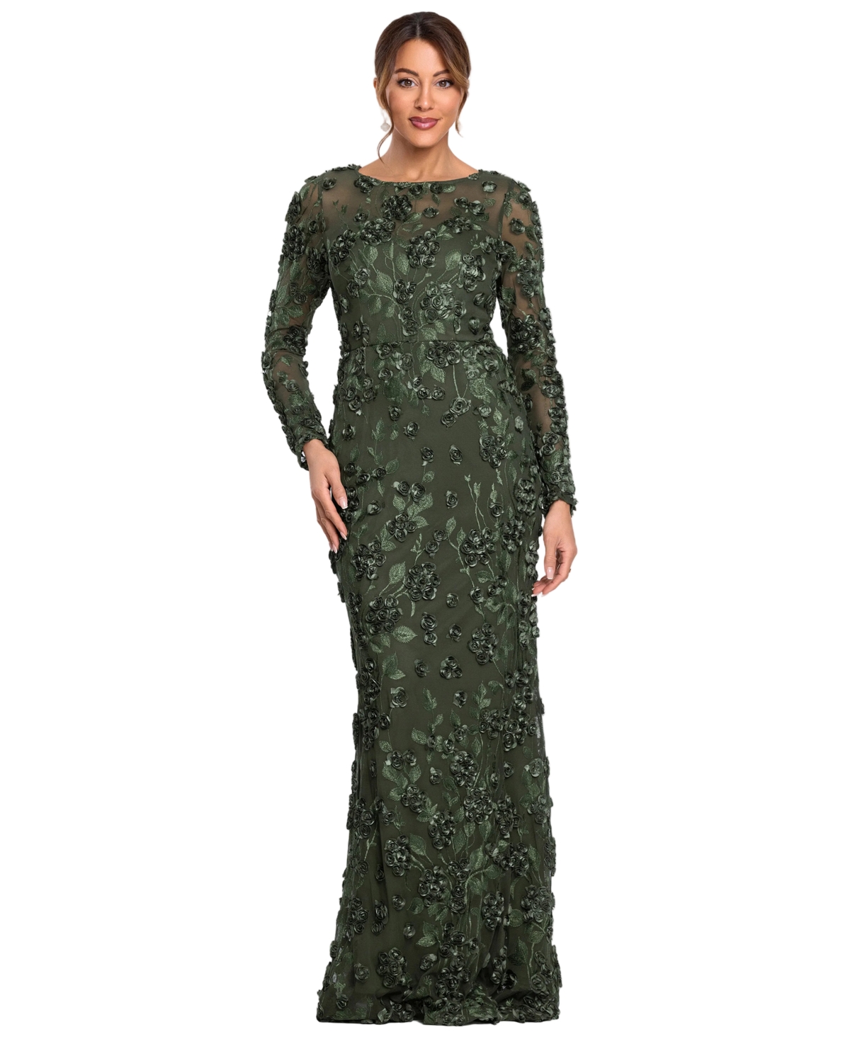 Click here for Xscape Petite Raised Flower Crewneck Long Gown Dre... prices