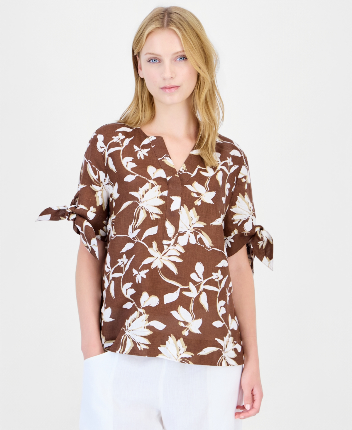 Click here for Charter Club Womens 100 Linen Split-Neck Tie-Cuff... prices