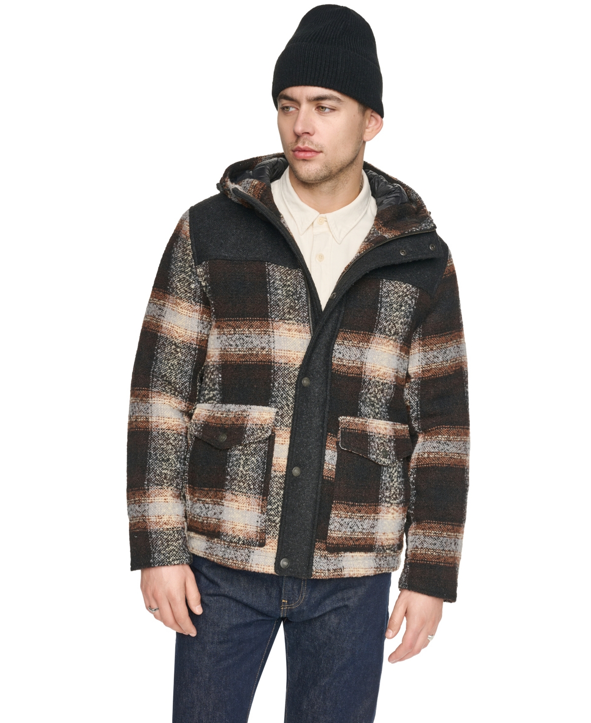 Click here for Levis Mens Wool Blend Plaid Hooded Jacket - Dark B... prices